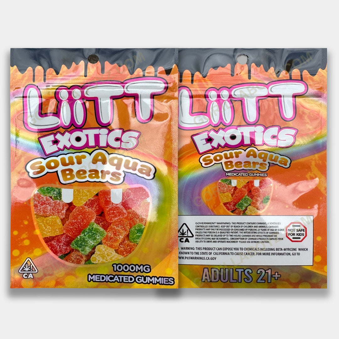 Liit Exotics Sour Agua Bears Mylar Bag 1000 MG | Edible Packaging ...