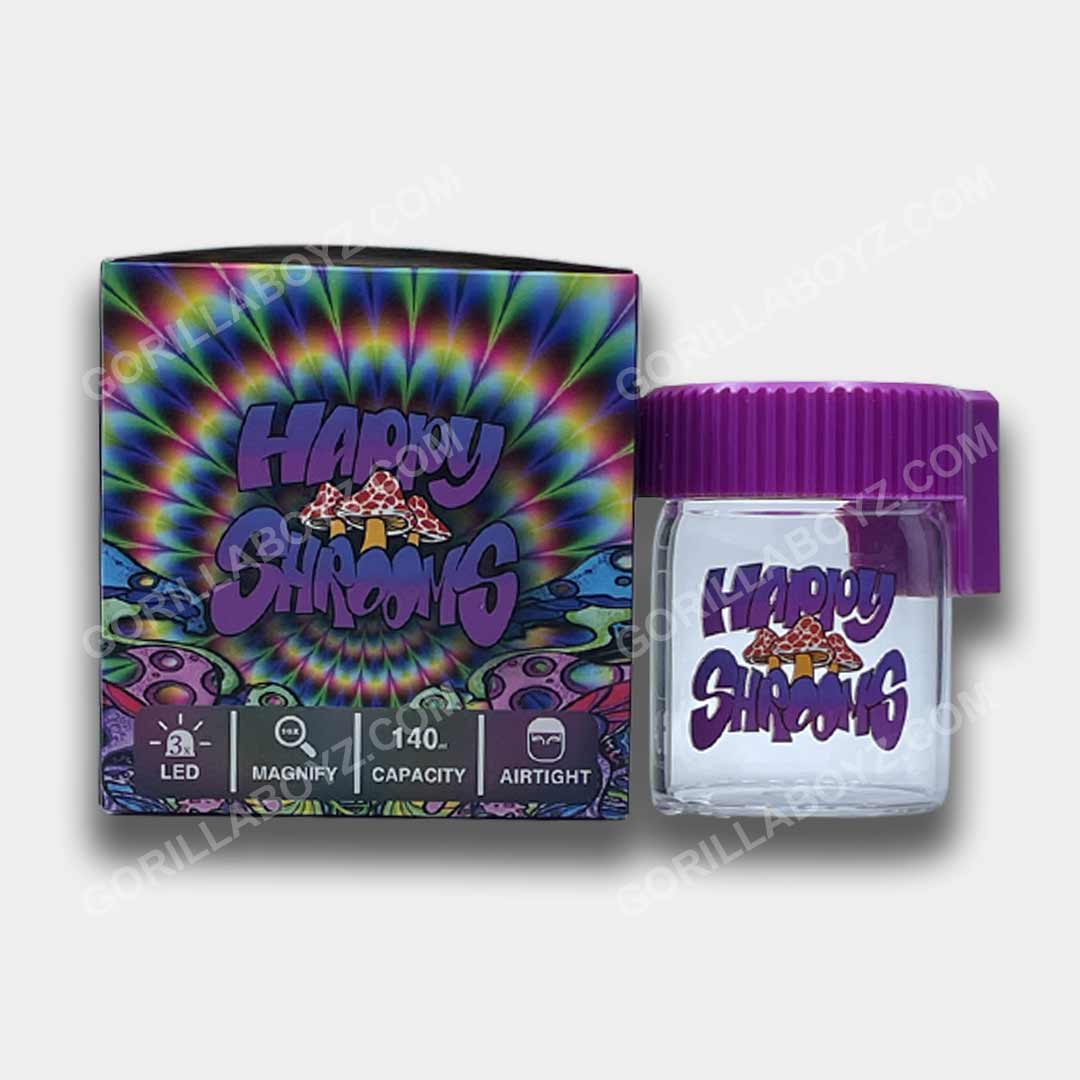 Happy Shrooms Mag Jars | Air Tight Storage Stash w/ LED Magnifying ...